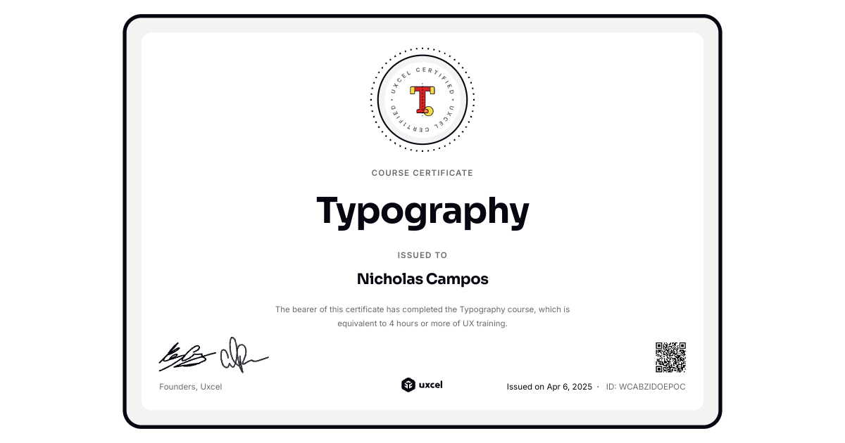 Certificate of completion for Typography | Uxcel